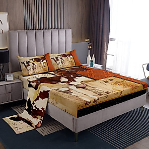 Farm Cow Bedding Set Twin Size Watercolor Cattle Farmhouse Style Fitted Sheet 1 Flat 1 Sheet 1 Pillowcase Mandala Floral Retro Post Card Bed Sheet Set for Kids Boys Girls Room Decor