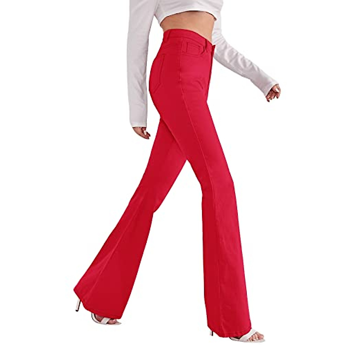 SweatyRocks Women's Casual Denim Pants Heart Print High Waist Stretchy Bell Bottom Flared Jeans Solid Red L