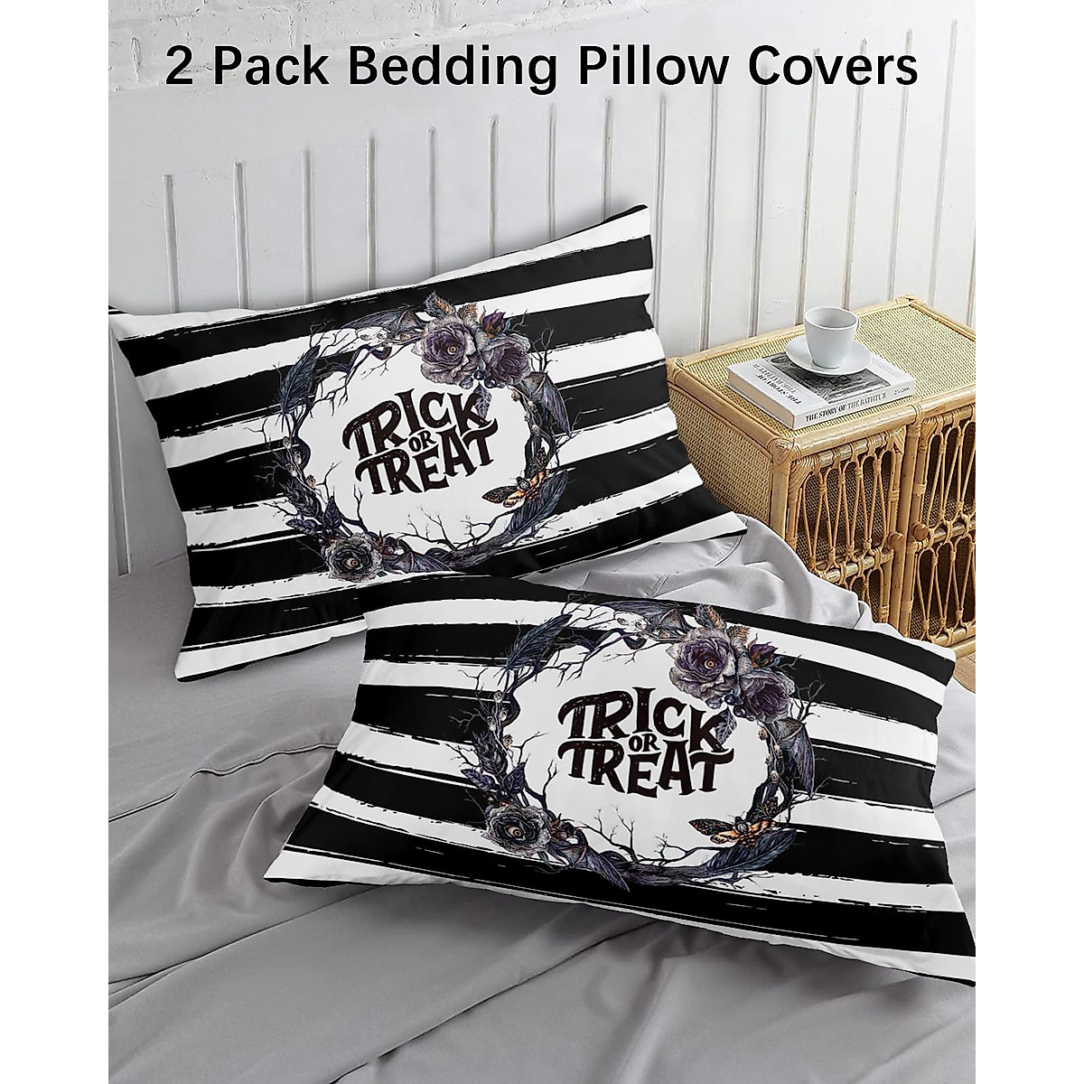 Edwiinsa Halloween Rose Pillow Covers King Standard Set of 2 Bed Pillow, Plush Soft Comfort for Hair/Skin Cooling Pillowcases with Envelop Closure 20x36 Inches Black Geometric Stripes Flower