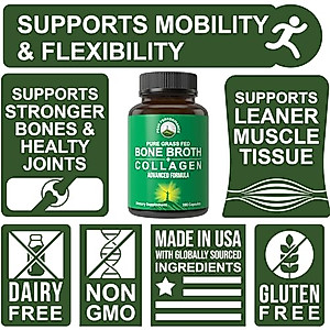 Bone Broth Collagen Capsules. 180 Pills of Grass Fed Bone Broth Collagen Protein Peptides. Contains All 3 Collagen Types 1, 2, and 3. Pure Pasture Raised Paleo Friendly Tablets for Women and Men
