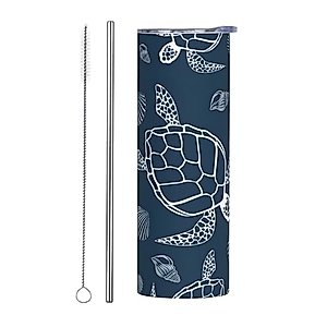 AFHYZY 20 oz Skinny Tumbler Reusable Coffee Travel Mug with Lids and Straws, Insulated Coffee Cups 20oz Stainless Steel Water Bottles Leak Proof for Office, Women, Sports - Turtle