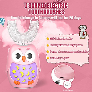 AUITRONCARE Kids Toothbrush Electric, Toddler Electric Toothbrush Ultrasonic Toothbrush 360° Cleaning U Shaped Toothbrush Come with 3 Brushing Heads and Cup for Toddlers & Children (Owl-Pink)
