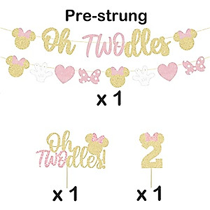 Oh Twodles Balloons Pink Mouse Second Birthday Mouse Banner Cake Topper 2nd Banner Party Supplies Decorations Photo Prop for Girl Baby Bday Pink