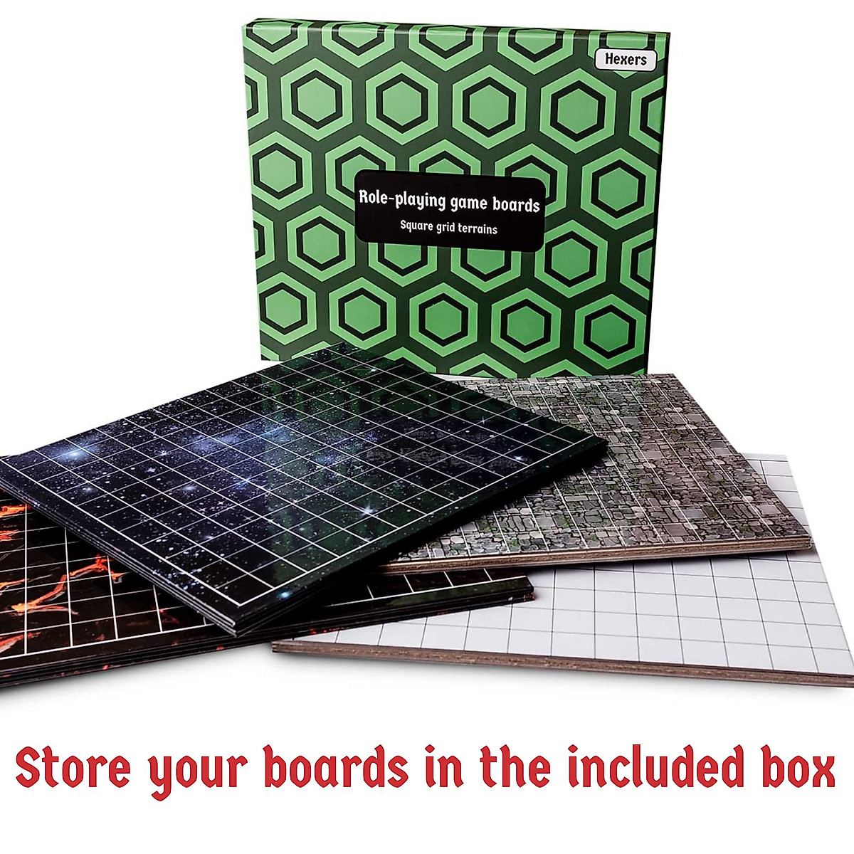 Hexers Role-Playing Game Board Mat, Square Grid Terrains, 8 Different terrains, Compatible with Dungeons and Dragons DND Pathfinder RPG, 27 on 23 inches, 1 inch Squares, Foldable & Dry Erase