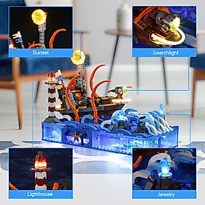 FUNWHOLE Lighting Building Bricks Set - Wood Cabin and Ocean Adventure Ship Construction Model Set for Adults and Teen