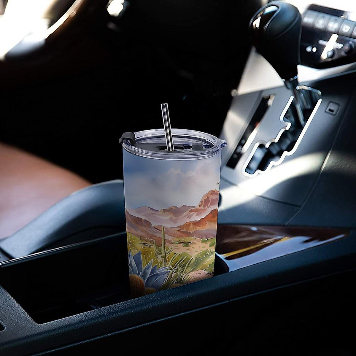 WNICELIN Western Desert Cactus Tumbler Insulated Travel Mug Stainless Steel Travel Tumbler Car Cup with Straw And Brush with Lid 20oz