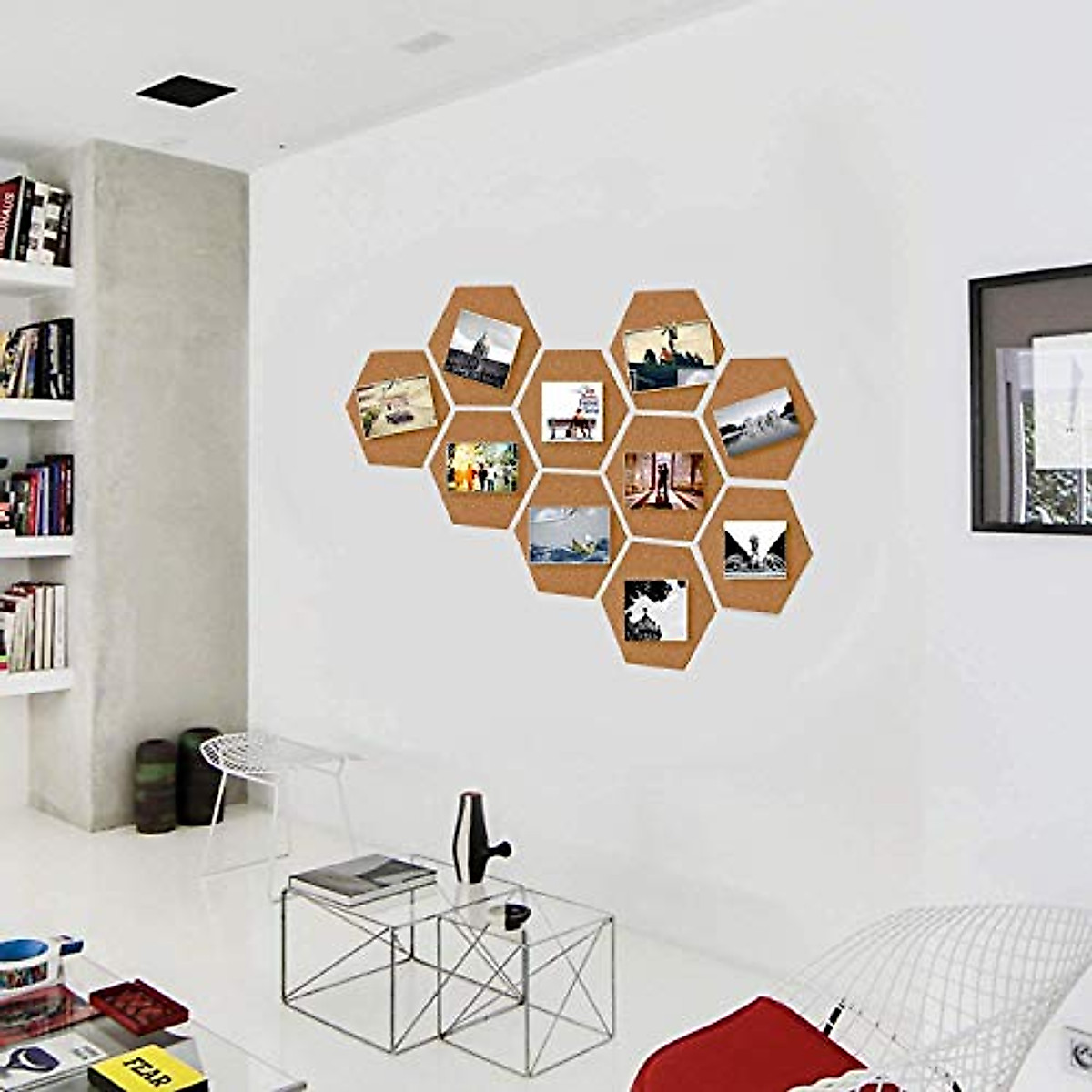 Self-Adhesive Cork Board Cork Tiles 8 Pcs Wall Bulletin Board 12" x10.2" Hexagon Cork Tile, Not Hurt Wall, Natural Message Pin CorkBoard for School/Home/Class/Kitchen & Office Decor Photo Display Memo