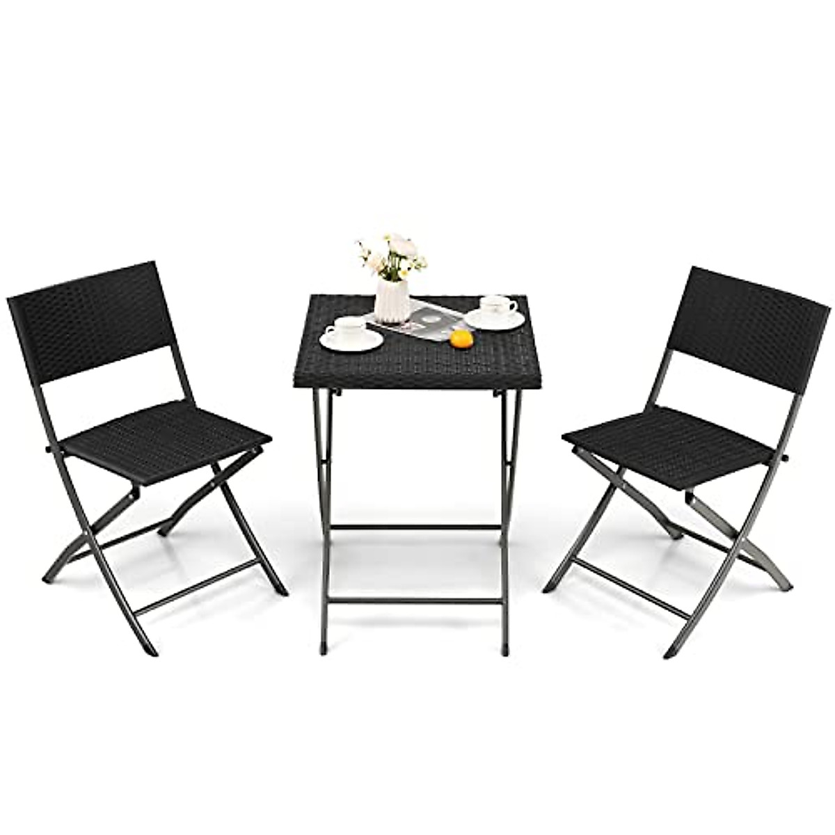 Tangkula 3 Piece Patio Bistro Set, Folding Wicker Chairs & Table Set, Solid Metal Frame, Outdoor Patio Furniture Set for Garden, Front Porch, Poolside, No Assembly Needs (Black)