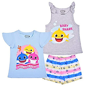 Nickelodeon Baby Shark Girls’ T-Shirt, Tank Top and Short Set for Infant and Toddler – Pink/Blue Or Multicolor/Grey/Blue