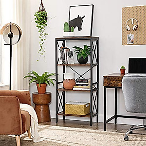 VASAGLE DAINTREE Bookshelf, Kitchen Shelf, Free Standing Shelf, Ladder Rack with 4 Open Shelves, for Kitchen, Office, Stable Steel Frame, Industrial Style, Rustic Brown and Black ULLS030B01