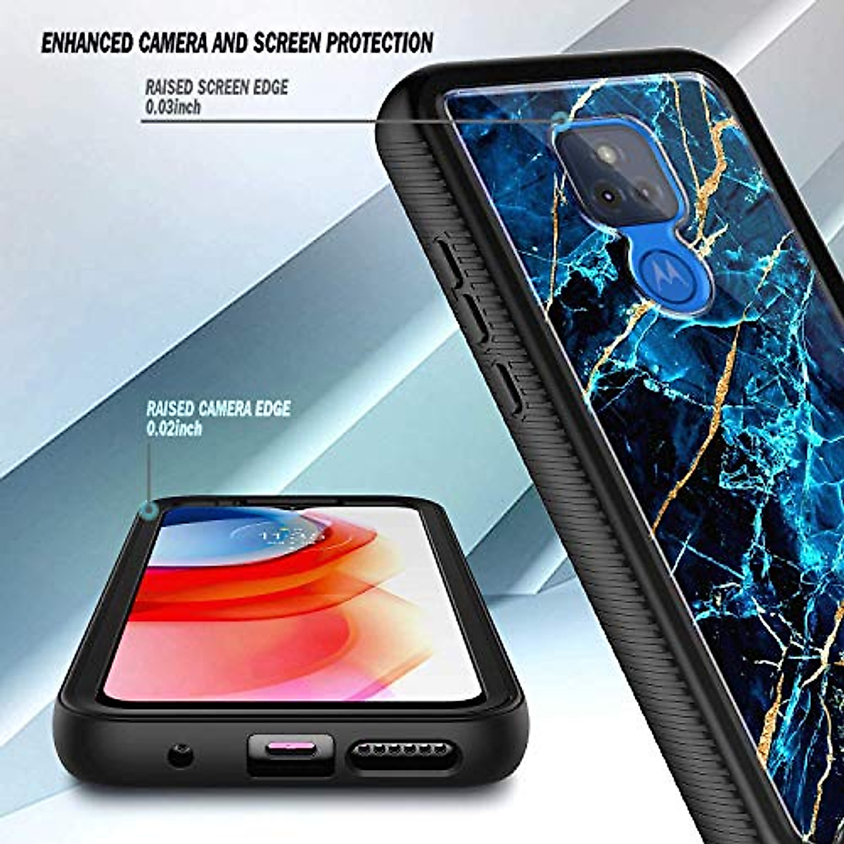 NZND Case for Motorola Moto G Play 2021 with [Built-in Screen Protector], Full-Body Protective Shockproof Rugged Bumper, Impact Resist Durable Phone Cover Case (Marble Design Sapphire)