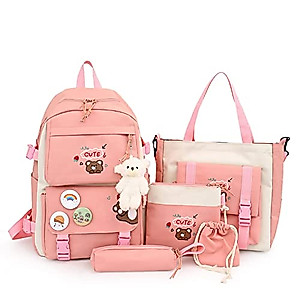 MOJIDUO 5Pcs Set Kawaii Backpack with cute plush Pendants & Badge,19 gallon capacity School Bag Cute Aesthetic Backpack