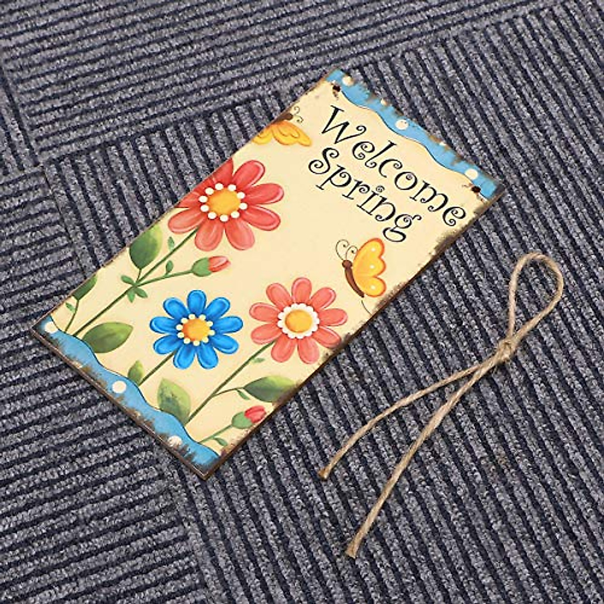 OULII Easter Gift Happy Easter Plaque Wooden Hanging Plaque Festival Wall Door Decorative Sign Hanger Home Decoration Photo Props Favors (Welcome Spring)