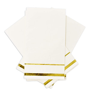 Gift Boutique 100 Gold Trim Lined Guest Napkins Elegant Dinner Hand Napkin for Bathroom Wedding Holiday Anniversary Birthday Party Bridal Baby Shower Christmas Metallic Golden Foil Decorative Towel