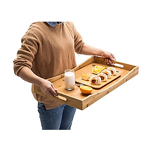 GOBAM Bamboo Extra Large Ottoman Tray, 26 x 15 inches - Wooden Tray for Dining Table & Parties, Serving Tray with Handles for Food, Cheese, Snacks, Tea, Coffee & Wine - Natural
