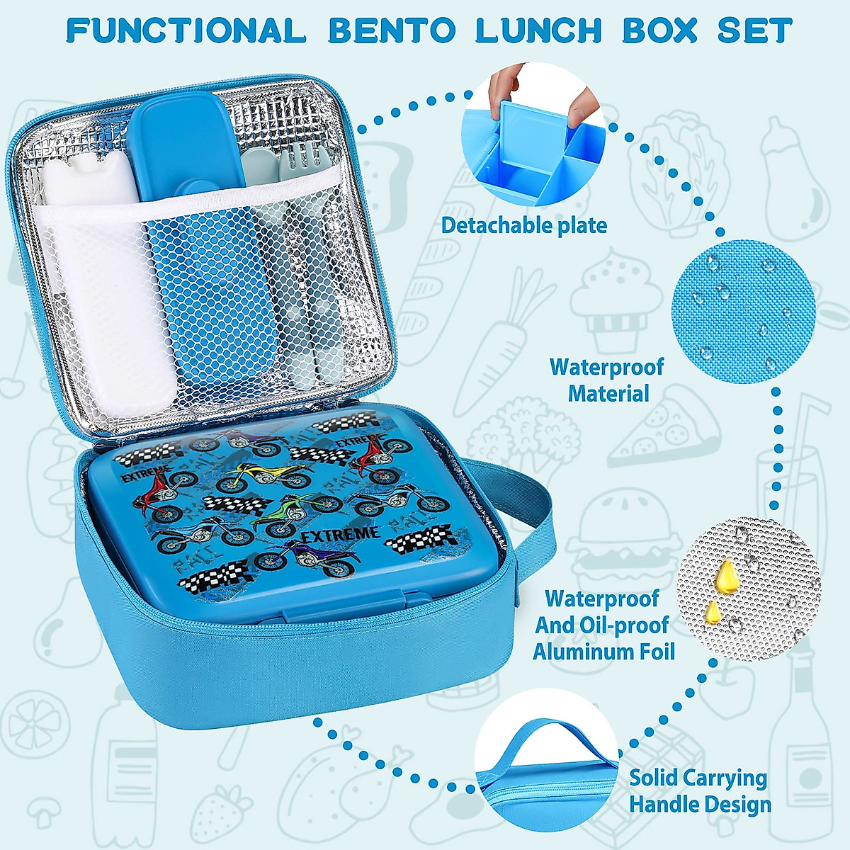 JXXM Bento Lunch Box for Kids With 8oz Soup thermo,Leak-proof Lunch Containers with 5 Compartment,thermo Food Jar and Lunch Bag, Food Containers for School (A-Blue(Extreme Locomotive))