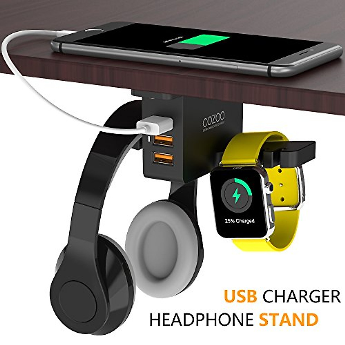 cozoo Headphone Stand with USB Charger Under Desk Headset Holder Mount with 3 Port USB Charging Station and iWatch Stand Smart Watch Charging Dock Dual Earphone Hanger Hook,UL Tested