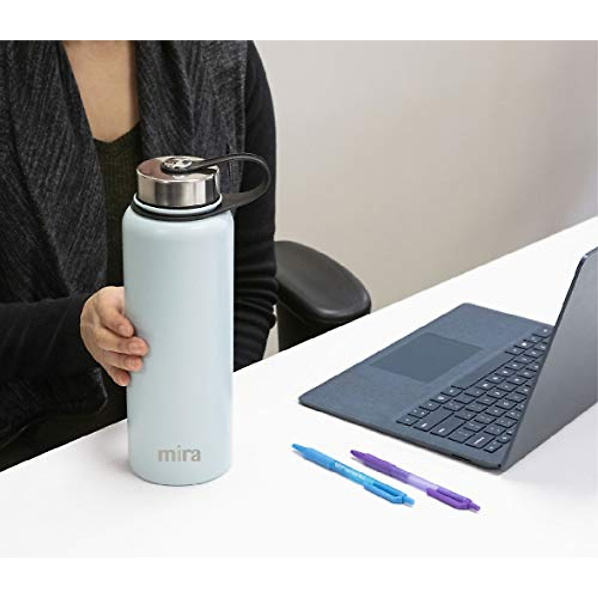 MIRA 40 oz Stainless Steel Vacuum Insulated Wide Mouth Water Bottle - Thermos Keeps Cold for 24 hours, Hot for 12 hours - Double Walled Hydro Travel Flask - Pearl Blue