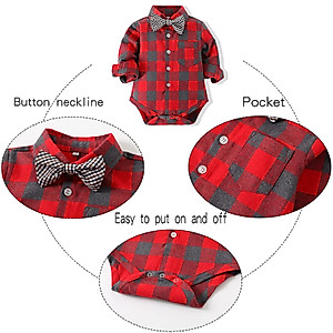Kimocat Baby Boys Gentleman Outfits Suits Long Sleeve Shirt Suspenders Pants Bow Tie Clothes Set (Red plaid, 18-24 Months)