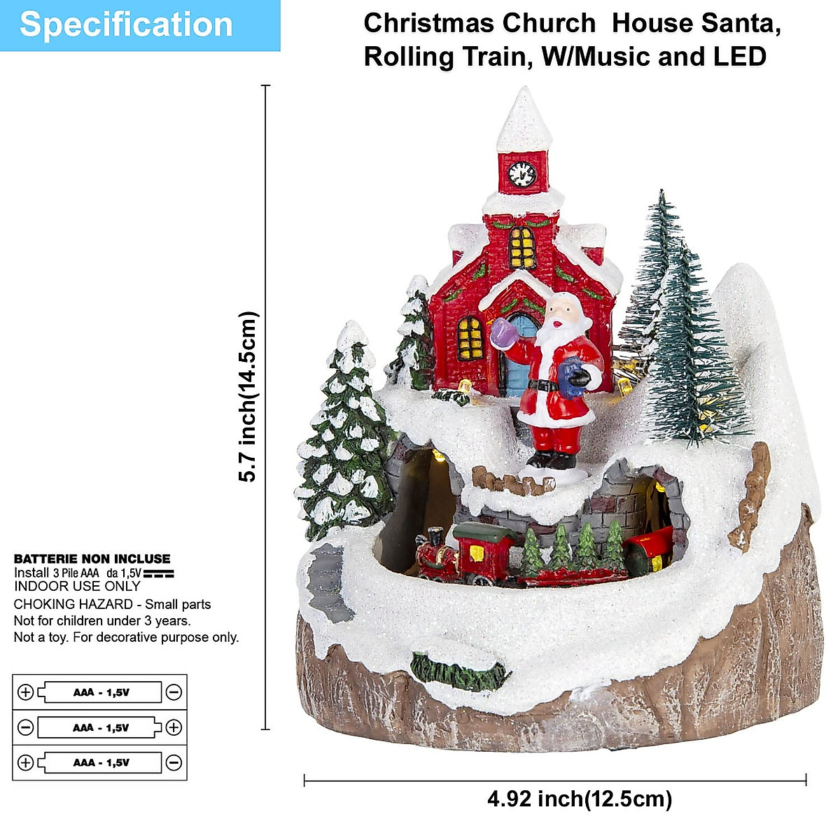 innodept12 Red Christmas Village Church House - Festival Scene Moving Train and Santa Claus with Led Lights, Music for Christmas Decor