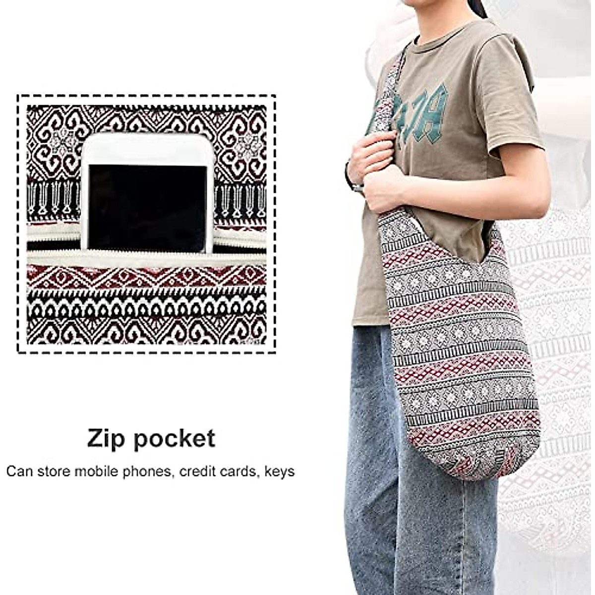 Bohemian Prints Women Messenger Bag, Ethnic Style Hippie Hobo Bag, canvas Shoulder Crossbody Bag, Shoulder Bag for vacations, camping, school, shopping, beach, etc -D