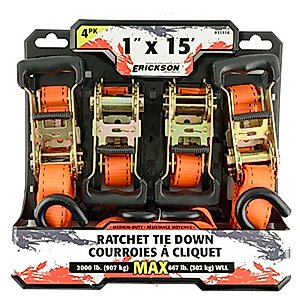 Erickson 31416 Pro Series Orange 1" x 15' Rubber Handle Ratcheting Tie-Down Strap, (Pack of 4)