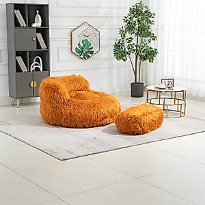 Plush Memory Foam Lounge Chair with Ottoman - Oversized Recliner High Back Lazy Sofa Chair with High Resilience Foam, Solid Wood Frame, Iron Legs - Comfortable Single Living Room Chair (Orange)