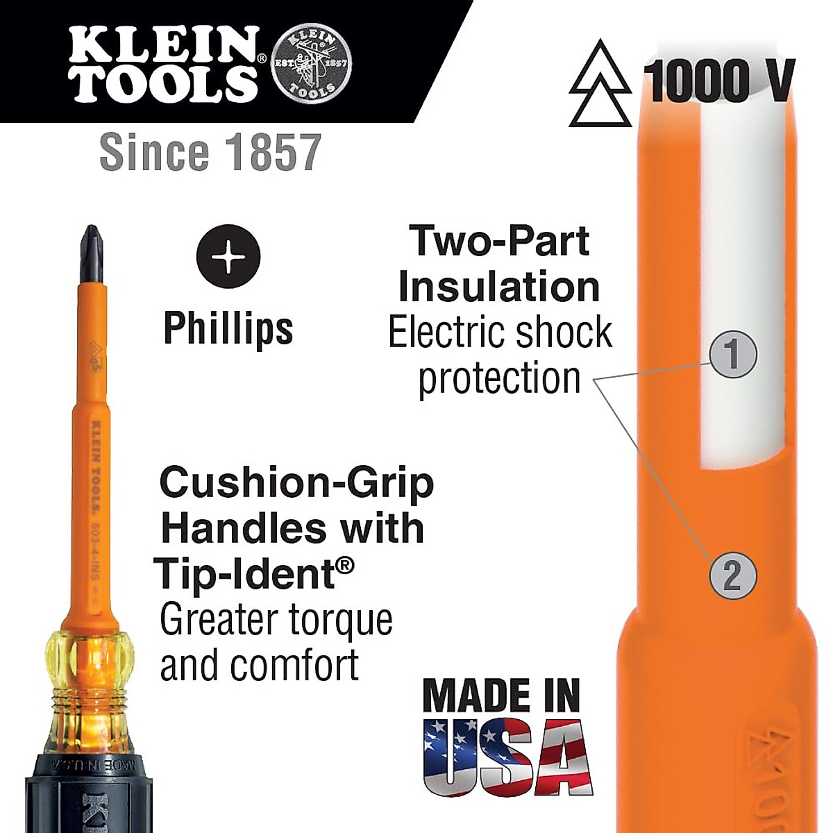 Klein Tools 33532-INS Electrical Insulated Screwdriver Set of 2, Made in USA, 4-Inch Phillips and Cabinet Set, Made in USA