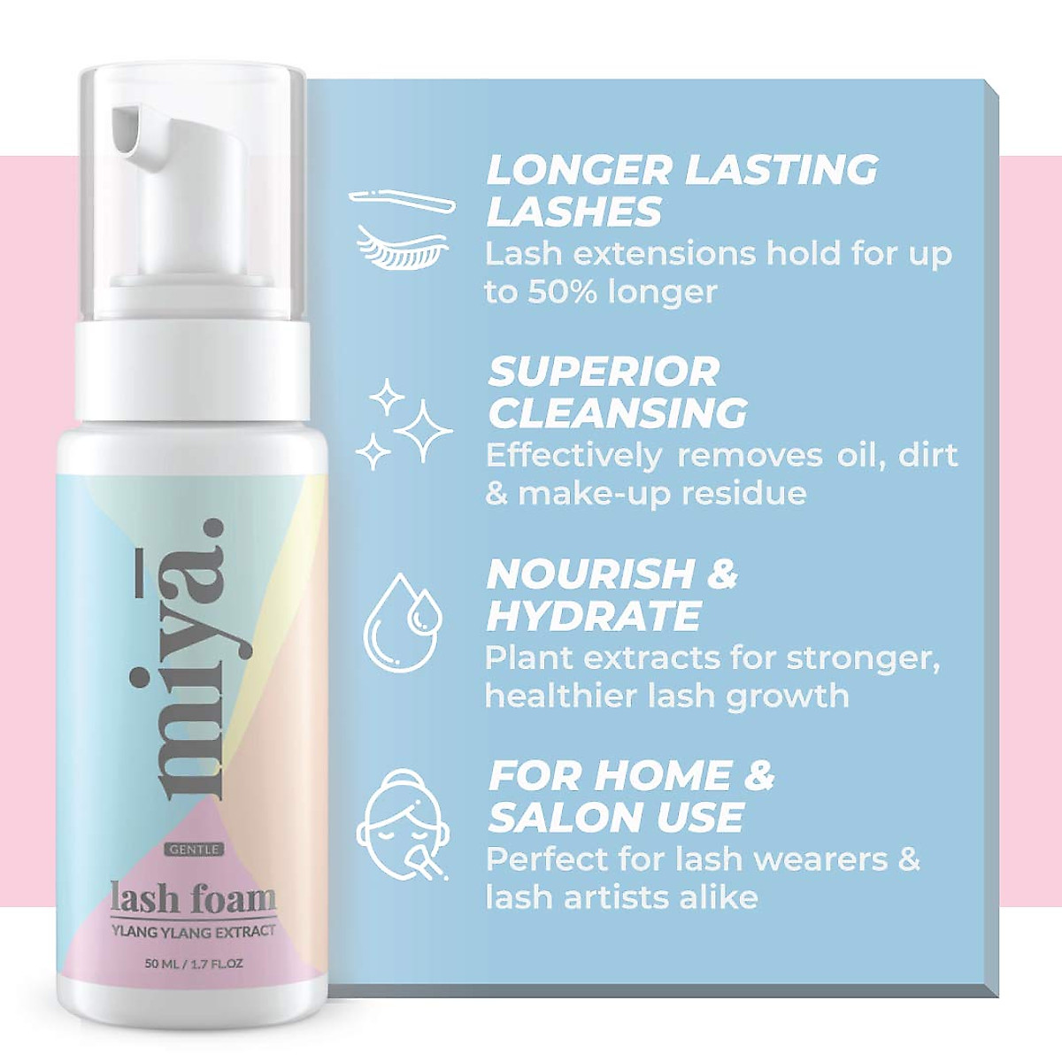 Eyelash Extension Cleanser + Rose Gold Mascara Wand & Brush | Eyelid Cleanser | Lash Bath | Paraben & Sulfate Free Makeup Remover Lash Cleanser for Extensions | Salon & Home | Miya Lash Shampoo 50ml