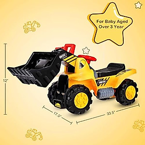 Giantex Ride On Bulldozer Truck for Kids, Excavator Digger Construction Vehicles, Pretend Play Sliding Tractor, w/ Multiple Sounds, Push Bucket, Low Seat, Anti-Skid Tires, Front Loader Ride-On Large