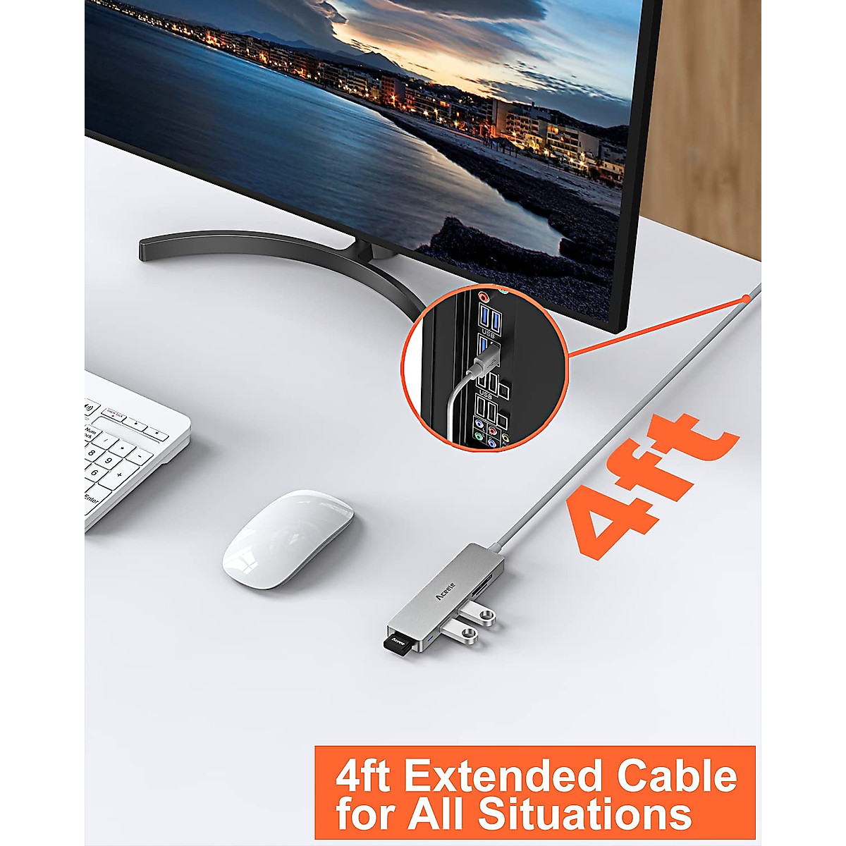 Aceele 5Gbps USB 3.0 Hub, 6 in 1 Ultra Slim Data USB Hub with 4ft Extended Long Cable, USB Multiport Hub with Micro USB Powered Port, SD/TF Card Slot Port, Compatible for PC, Laptop, MacBook