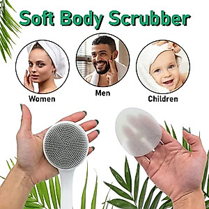 FeTuq Set of 3 Silicone Bath Brushes - Pack Includes Silicone Body Scrubber, Facial Cleansing Brush, Silicone Back Scrubber for Shower with Long Handle - Body Buffer Silicone Scrubber for Dull Skin