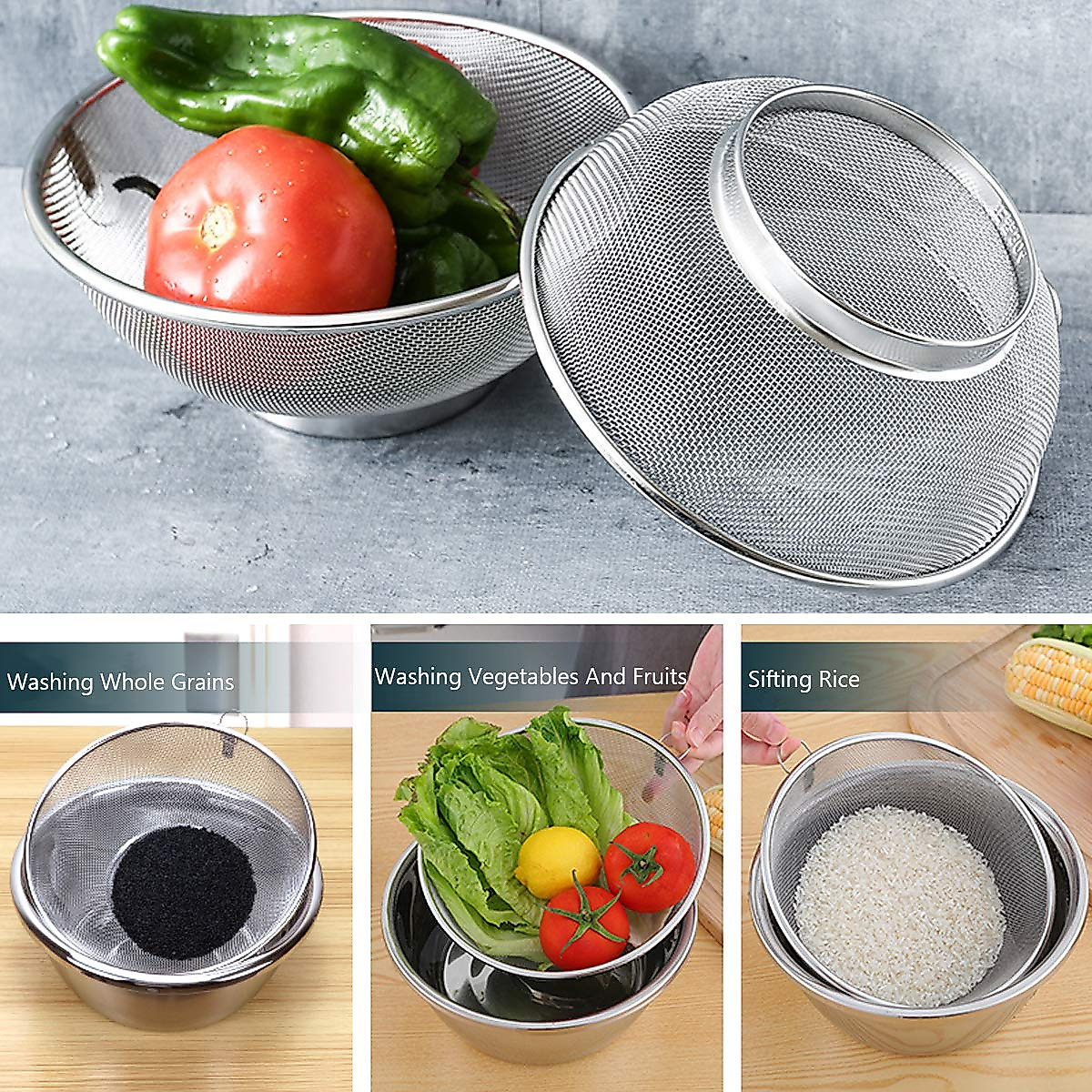 2 Pack Stainless Steel Mesh Colander Kitchen Fine Mesh Strainer Bowl Straining Screen Basket Drainer Rice Washing Bowl Colander Sieve Sifters for Rice, Pasta, Noodles, Vegetables, Fruits