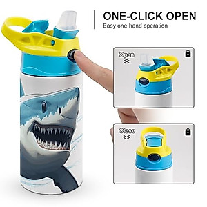 Stainless Steel Water Bottles Blue Shark Travel Water Cups with Handle And Silicone Straw Drinking Cup with Leak Proof Lid Thermo Travel Mug for Women Men