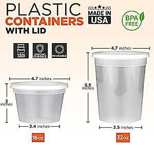 [40 Pack] Food Storage Containers with Lids, Round Plastic Deli Cups, US Made, 16 and 32 oz, Cup Pint Quart Size, Leak Proof, Airtight, Microwave & Dishwasher Safe, Stackable, Reusable, White