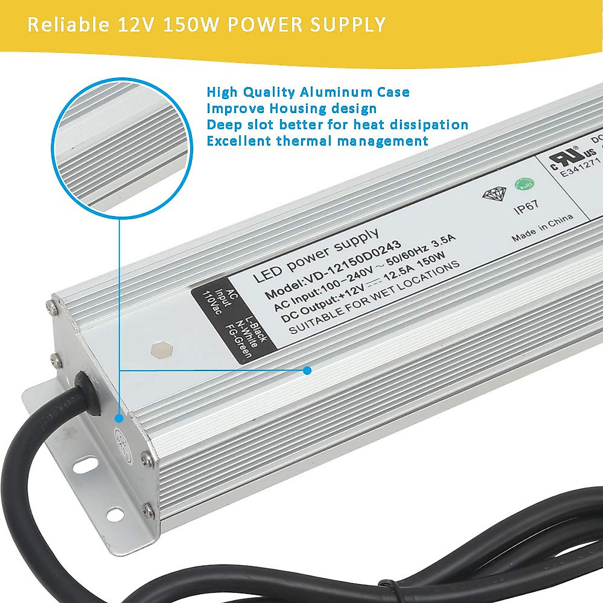 12V LED Driver 150 Watts 110V to 12 Volt Power Supply Waterproof IP67 Transformer 150W 12V DC LED Power Supply AC to DC Converter with 3 Prong Plug, 120V AC to 12V DC Power Adapter Low Voltage