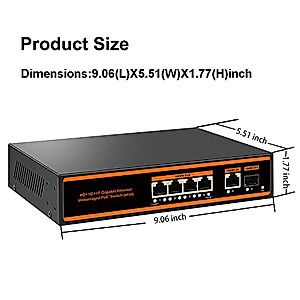 YIDUOYUNCAI 5 Port Gigabit PoE Switch,4*1000Mbps PoE Port+1 Uplink Gigabit Port,1*1000Mbps SFP Slot,150W,802.3af/at,Metal Fanless,VLAN,Unmanaged Plug and Play