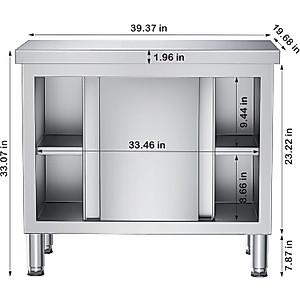 ZZV Stainless Steel Work Table Cabinet with 2 Sliding Doors, 39" x 19" Commercial Kitchen Work Table for Prep & Work, Heavy Duty Prep Table with 2-Layer Cabinet for Home, Restaurant, Garage, Warehouse