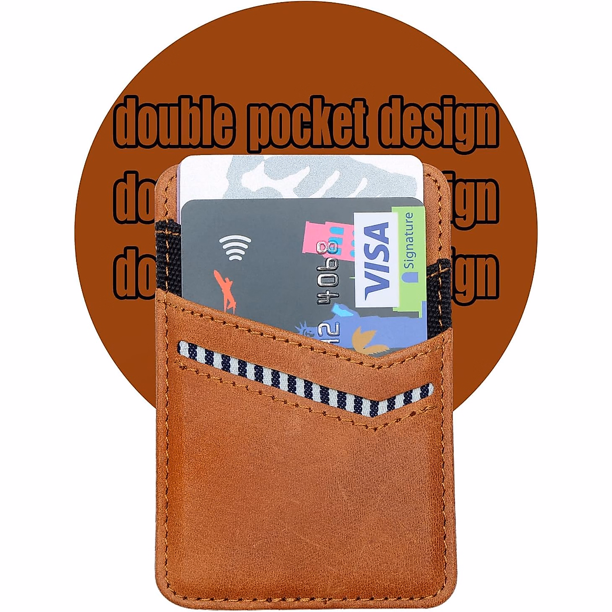 FRIFUN Card Holder for Back of Phone, Stick On Card Holder fits Most Cell Phones & Cases, Credit Card Holder Pocket Wallet for Men Women (Brown)