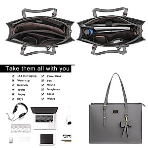 MOSISO Laptop Bag for Women Compatible with MacBook Air 15 inch M2 A2941/Pro 16 inch M3 M2 M1, 15-15.6 inch Notebook, PU Leather Travel Work Tote bag with Detachable Bowknot & Small Purse, Gray