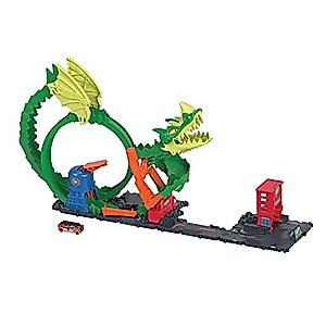 HOT WHEELS Track Set with 1:64 Scale Toy Firetruck, City Fire Station with Dragon Nemesis and Track Play, Dragon Drive Firefight