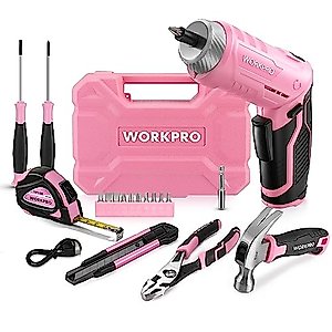 WORKPRO Pink Tool Set with 3.7V Rotatable Electric Screwdriver, 18PCS Portable Ladies Home Tool Kit with Toolbox, Cordless Electric Screwdriver Kit, Household tool kit for Dorm, Apartment -Pink Ribbon