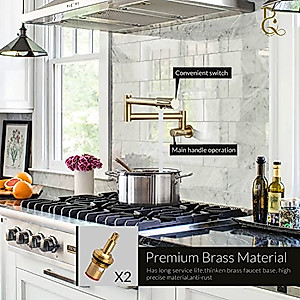 Brassqueen Wall Mounted Pot Filler Kitchen Faucet, Brushed Gold Finish, 2.2 GPM, 15 L/min, 1/2 NPT Connecting Thread, Stainless Steel Core, Dual Ceramic Valves, Anti-Scratch Matte Plating