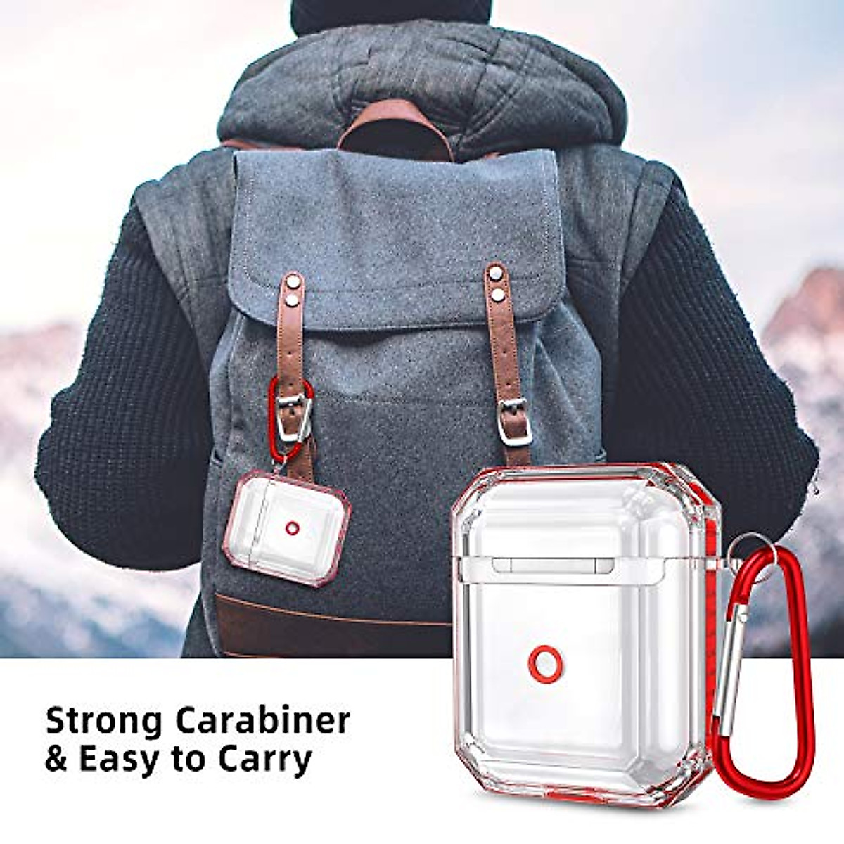 Fitlink Case for AirPods 2&1, Anti-Scratch Shock-Absorption Soft TPU Crystal Clear Case Cover for Apple AirPods 2&1 in Charging Case with Carabiner (AirPods with Wireless Charging Case, Red)