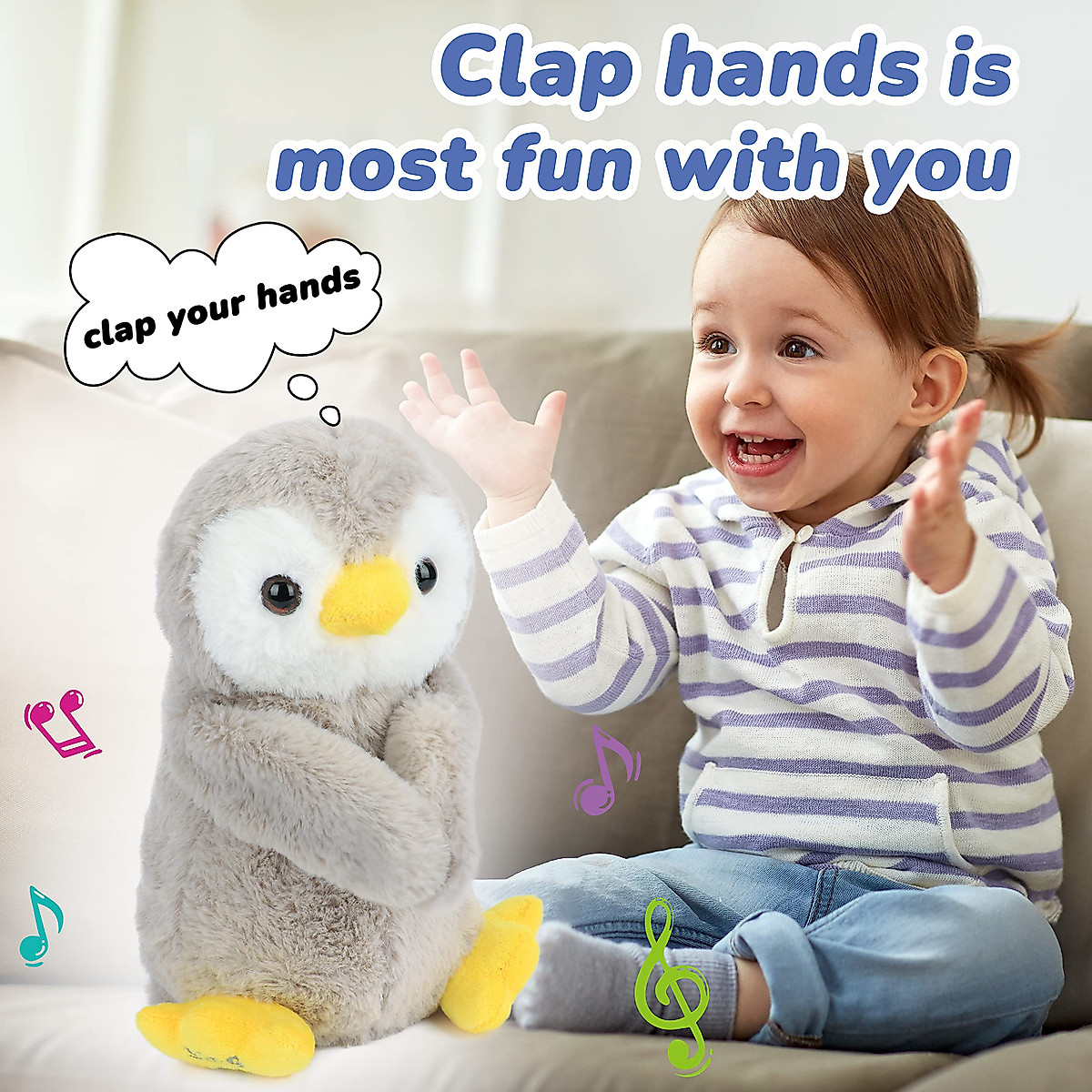 Hopearl Clappy Penguin Interactive Musical Stuffed Animal Singing Plush Toy Adorable Electric Animate Birthday Festival for Kids, Gray, 10''
