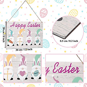 2 Pieces Happy Easter Wooden Sign Easter Hanging Wood Decor Easter Welcome Door Sign Gnome Bunny Eggs Wood Easter Decorations for Home Garden Spring Party, 12 x 7.8 Inch