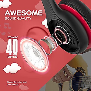 KLUGMIA Wired Kids Headphones, 85dB/94dB Volume Limited, Over Ear Headphones for Kids with in-line HD Mic, Audio Sharing, Foldable Kids Headphones Wired (Black red)