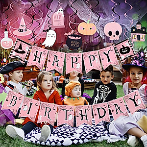 Pink Halloween Happy Birthday Banner and Halloween Birthday Hanging Swirls Happy Birthday Halloween Banner for Pink Girls Halloween Birthday Party Supplies