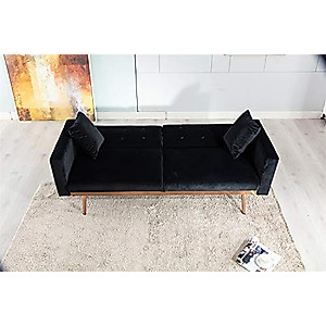 GoTen Convertible Futon Sofa Bed GSB01 (2020) Modern Velvet Sectional Sleeper Sofa Bed Loveseat Couch with 2 Pillows Rose Gold Metal feet Detachable Armrests for Small Spaces Living Room (Black)