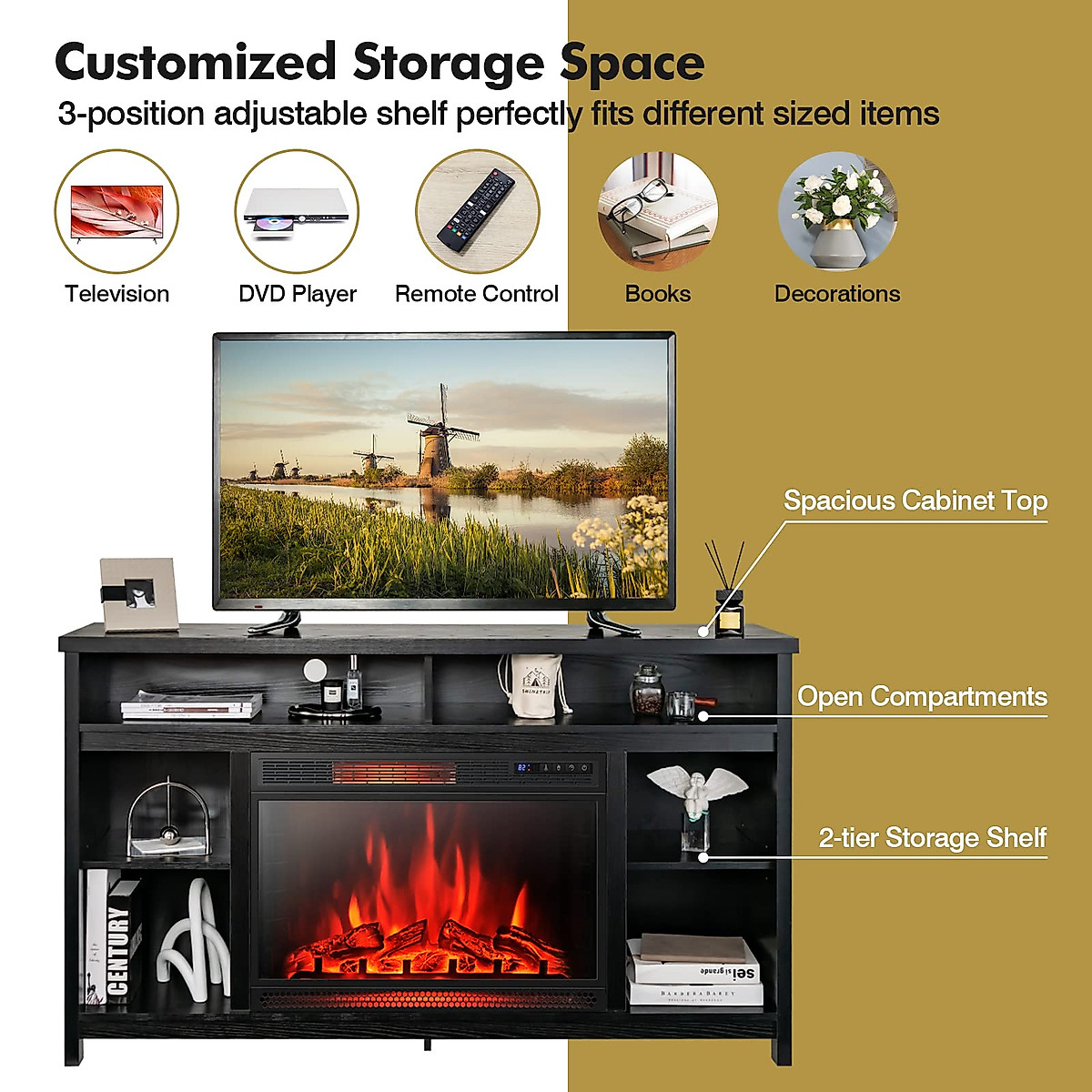 Tangkula 58 Inches Fireplace TV Stand for TVs up to 65 Inches, Modern Entertainment Center w/ 28 Inches Fireplace Insert, Remote Control, Electric Fireplace TV Console Table (Black)